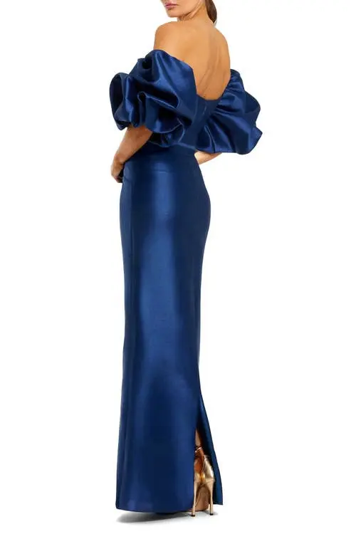 Mac Duggal Off The Shoulder Puff Sleeve Satin Evening Gown
