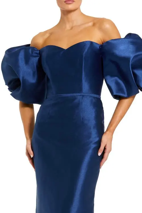Mac Duggal Off The Shoulder Puff Sleeve Satin Evening Gown