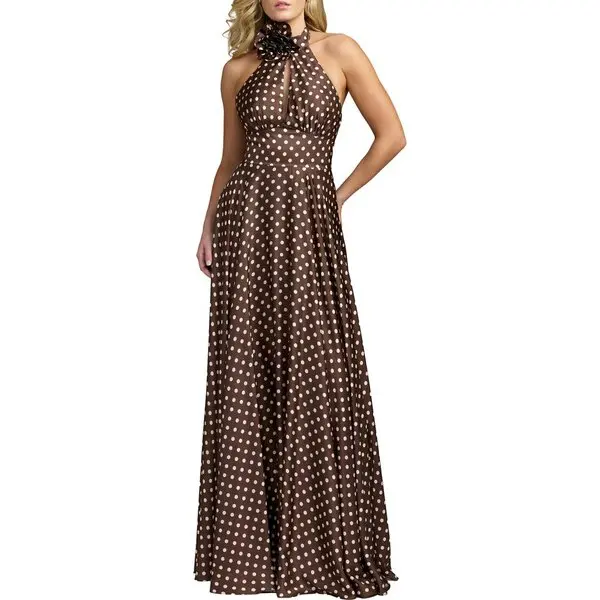 Mac Duggal Polka Dot A-line Halter Gown With Rosette