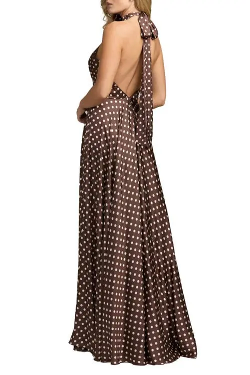 Mac Duggal Polka Dot A-line Halter Gown With Rosette