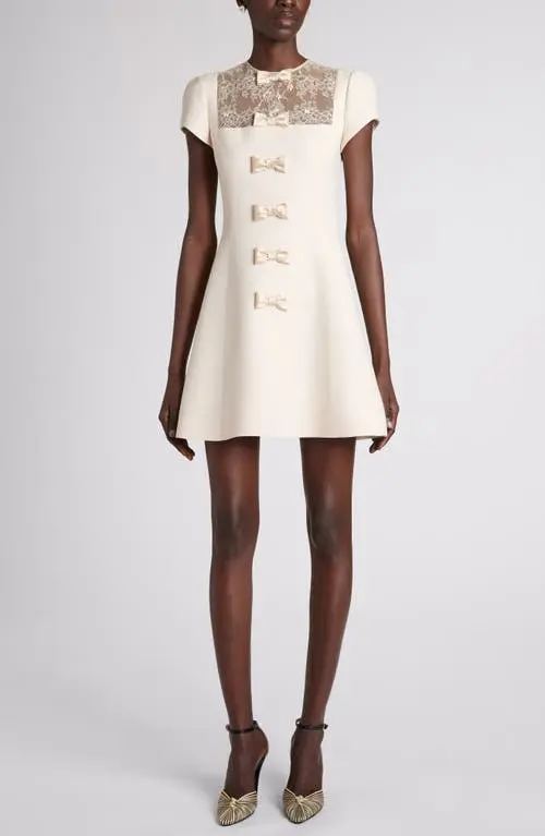 Valentino Garavani Wool & Silk Crepe Couture Minidress With Lace And Satin Bows