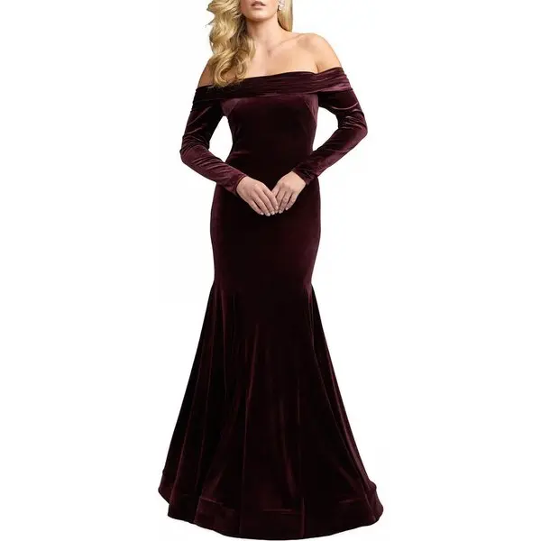Mac Duggal Velvet Off The Shoulder Long Sleeve Mermaid Gown - Wine