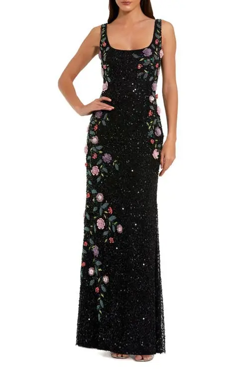 Mac Duggal Petite Floral Beaded Scoop Neck Sleeveless Gown - Black Multi