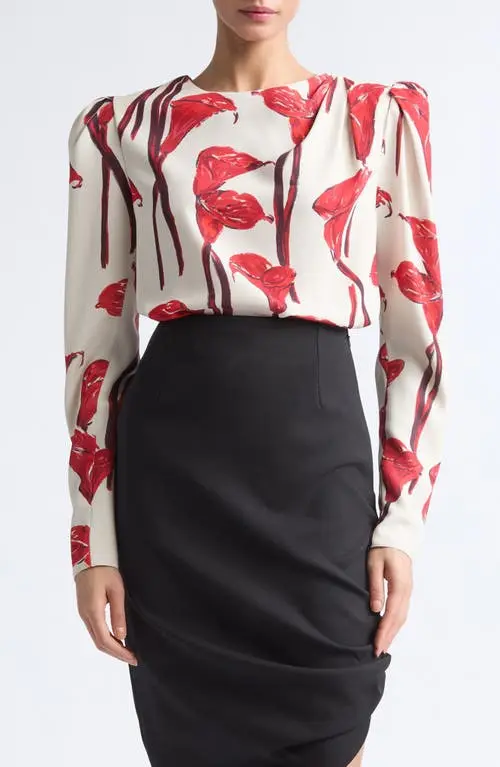 Carolina Herrera Floral Draped Puff Shoulder Blouse - Ceramic Multi