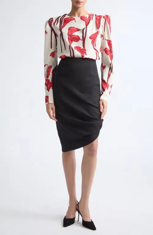 Carolina Herrera Floral Draped Puff Shoulder Blouse