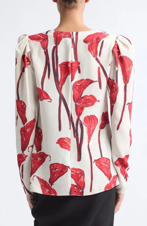 Carolina Herrera Floral Draped Puff Shoulder Blouse