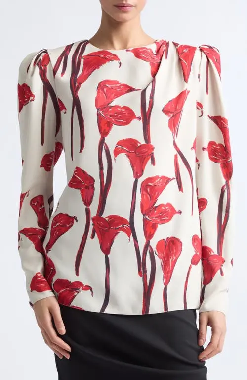 Carolina Herrera Floral Draped Puff Shoulder Blouse