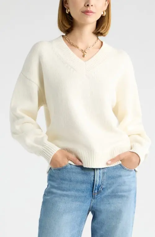OPEN EDIT Relaxed V-neck Wool-blend Sweater - Ivory Egret