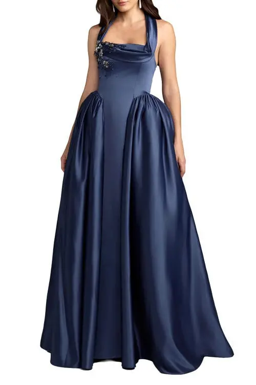 Mac Duggal Sleeveless Open Back Satin Ball Gown - Sapphire