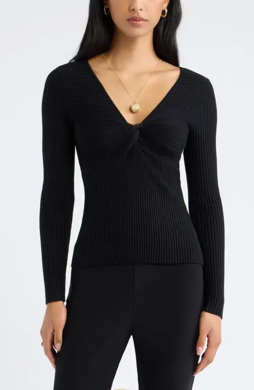 OPEN EDIT Knot Front Ribbed V-neck Sweater - Black