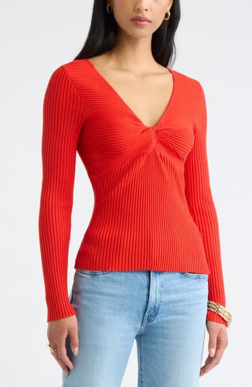 OPEN EDIT Knot Front Ribbed V-neck Sweater - Red Rush