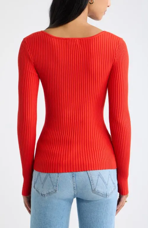 OPEN EDIT Knot Front Ribbed V-neck Sweater - Red Rush