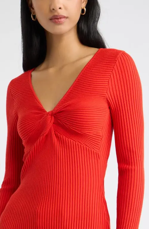OPEN EDIT Knot Front Ribbed V-neck Sweater - Red Rush