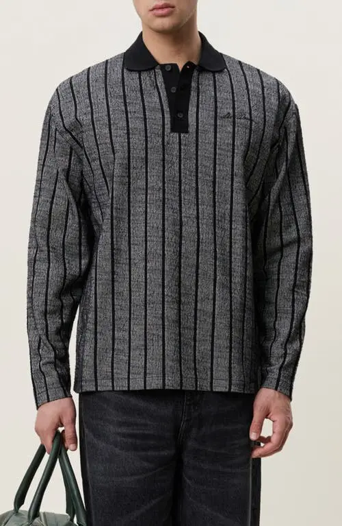 LES DEUX Pinstripe Jacquard Long Sleeve Polo - Salt/pepper