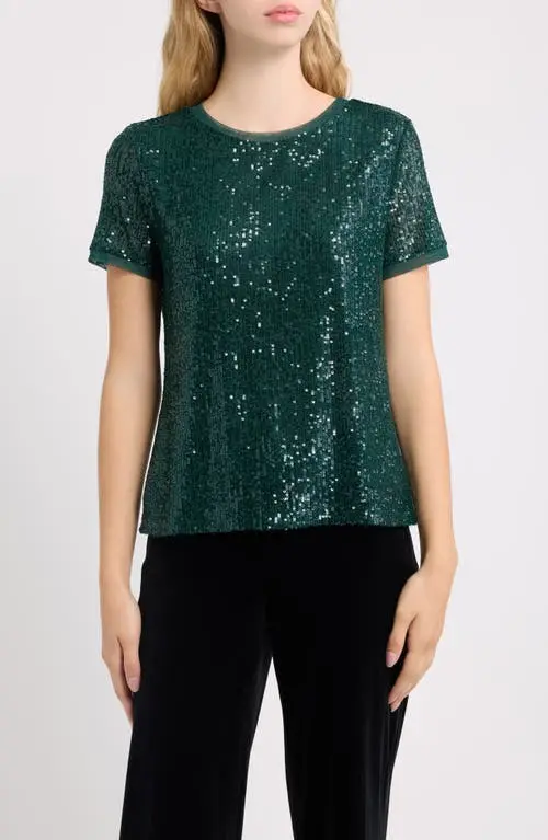 Anne Klein Sequined Short Sleeve T-shirt - Pine Forest