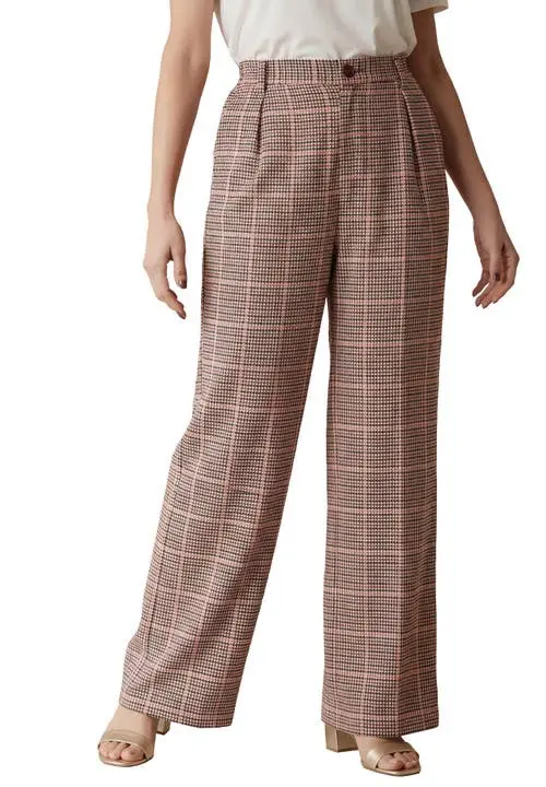 JESSICA LONDON Bi-stretch Wide Leg Pant - Rose Check Houndstooth