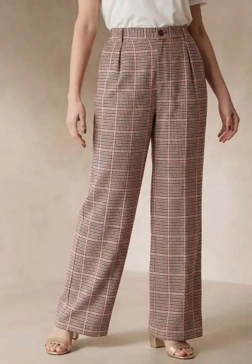 JESSICA LONDON Bi-stretch Wide Leg Pant - Rose Check Houndstooth