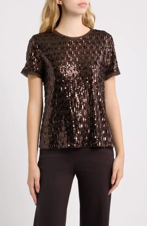 Anne Klein Sequin Short Sleeve Top - Deep Mahogany