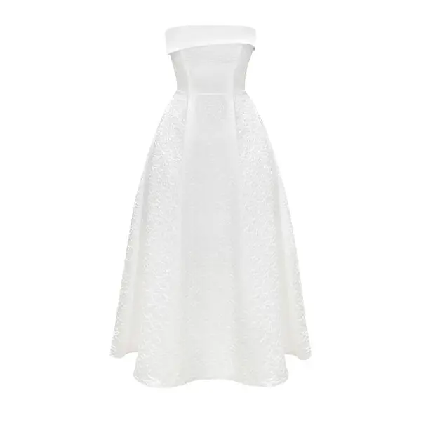 POST MERIDIEM Jacquard Midi Dress With Satin Turn-up - White