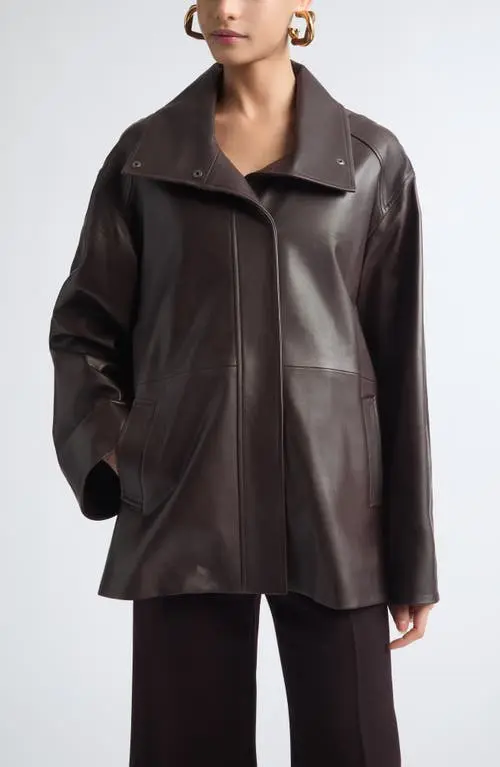 Nour Hammour Nhour Hammour Oversized Lambskin Leather Jacket With Stand Collar - Dark Brown