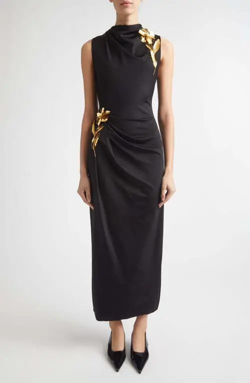 Lela Rose Metallic Embroidered Satin Midi Dress - Black/gold