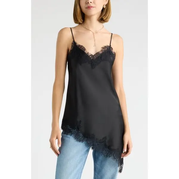 OPEN EDIT Asymmetrical Lace Trimmed Satin Tank - Black