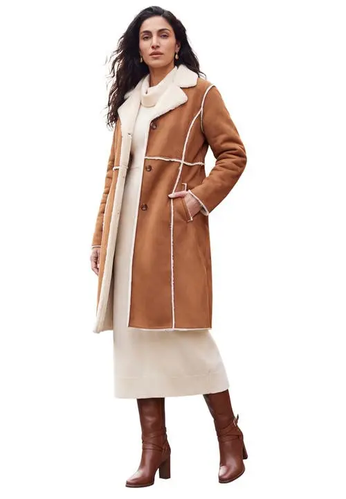 JESSICA LONDON Faux Shearling Midi Coat - Cognac