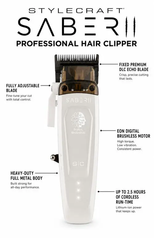 STYLECRAFT Saber 2 Professional Cordless Hair Clipper - White