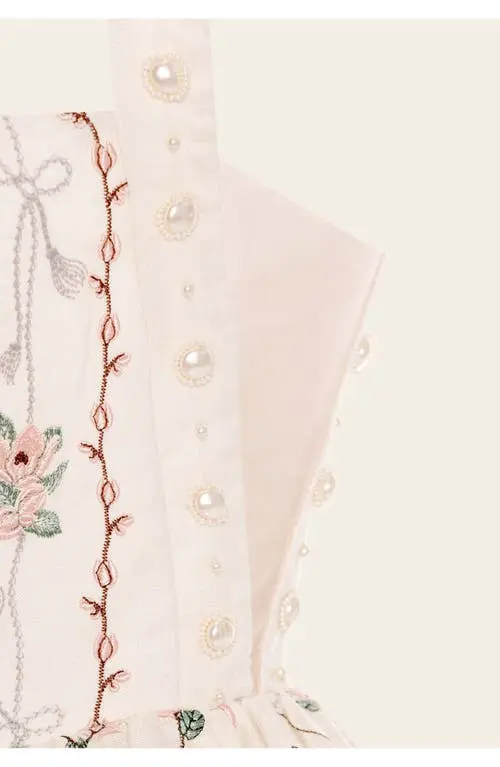 Agua Bendita Mielero Navegante Mini Dress With Floral Embroidery And Pearl Embellishments