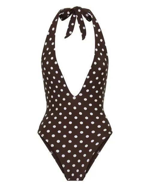 VACAY SWIMWEAR Vienna One Piece Polka Dot Halterneck Swimsuit - Chocolate Polka