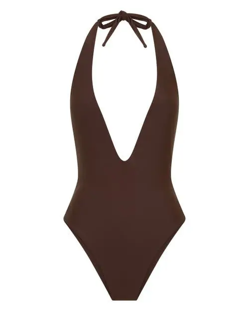VACAY SWIMWEAR Vienna One Piece Polka Dot Halterneck Swimsuit - Chocolate
