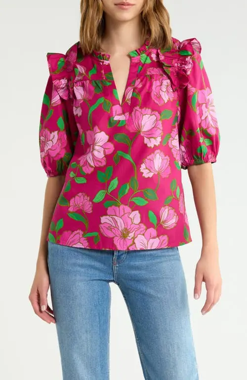 SUGARLIPS Paz Puff Sleeve Cotton Poplin Top - Pinks-green