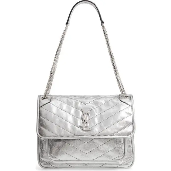 Saint Laurent Medium Niki Leather Shoulder Bag - Silver