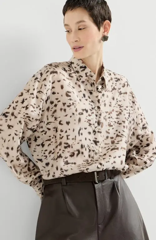 Brunello Cucinelli Lynx Print Silk Pongee Shirt With Monili