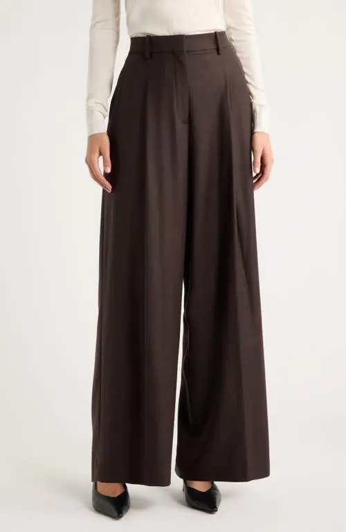 Theory Wide Leg Pleated Virgin Wool Trousers - Cacao