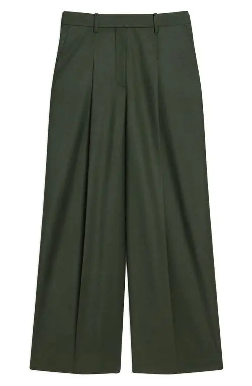 Theory Wide Leg Pleated Virgin Wool Trousers - Ivy