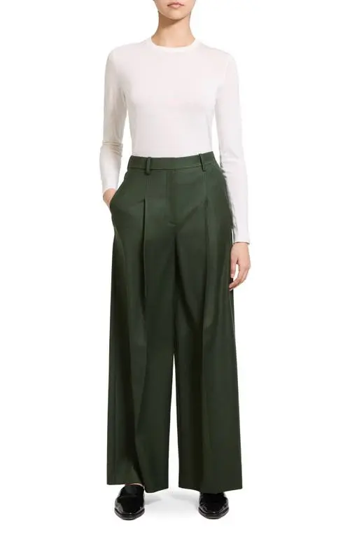 Theory Wide Leg Pleated Virgin Wool Trousers - Ivy