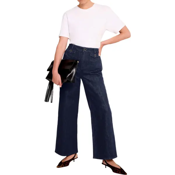 Mint Velvet Dark Indigo Patch Pocket Wide Leg Crop Jeans - Navy