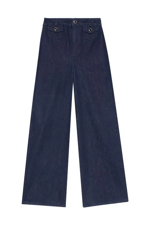 Mint Velvet Dark Indigo Patch Pocket Wide Leg Crop Jeans