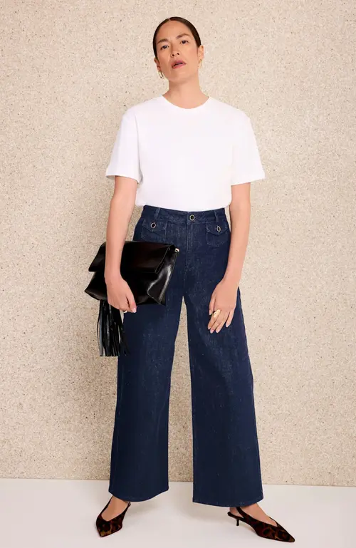 Mint Velvet Dark Indigo Patch Pocket Wide Leg Crop Jeans