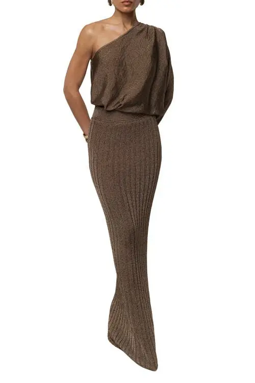 JLUXLABEL One-shoulder Metallic Knit Bodysuit - Bronze
