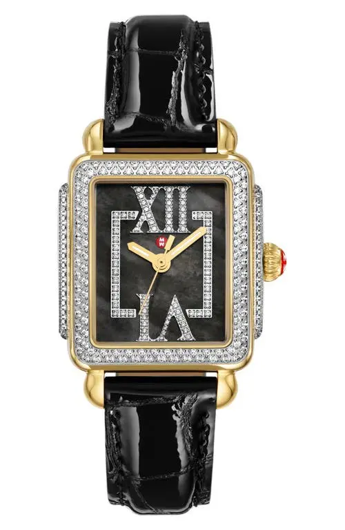 Michele Deco Madison Mid Pavé Diamond & Mother-of-pearl Leather Strap Watch - Black