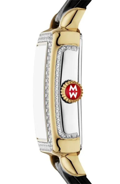 Michele Deco Madison Mid Pavé Diamond & Mother-of-pearl Leather Strap Watch