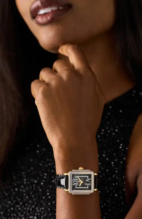 Michele Deco Madison Mid Pavé Diamond & Mother-of-pearl Leather Strap Watch