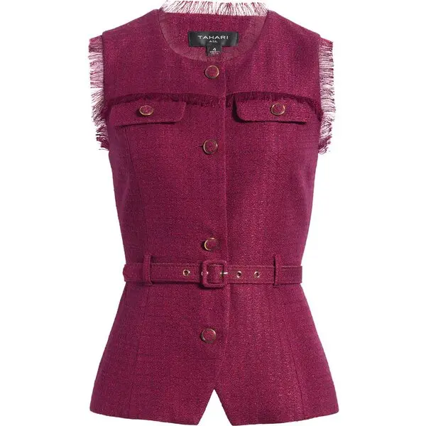 TAHARI ASL Metallic Belted Bouclé Vest - Cranberry