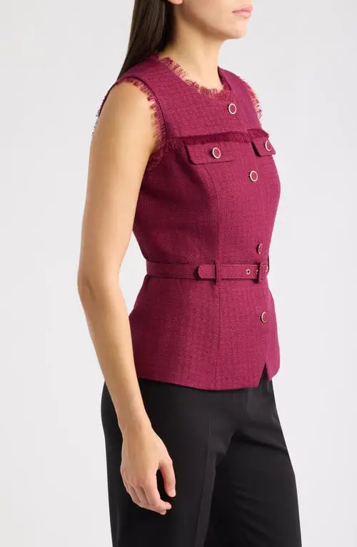 TAHARI ASL Metallic Bouclé Vest With Fringe Trim