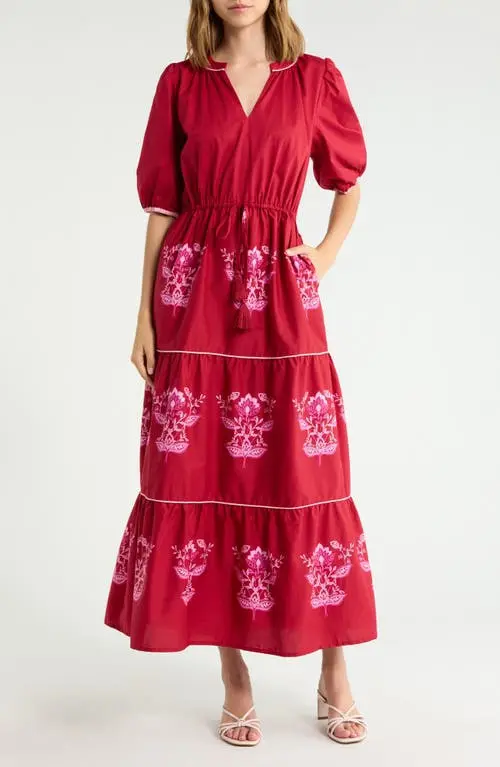 SUGARLIPS Vione Placed Floral Tiered Cotton Dress - Cherry-pink