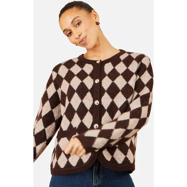 YUMI Argyle Button-front Knit Cardigan - Brown