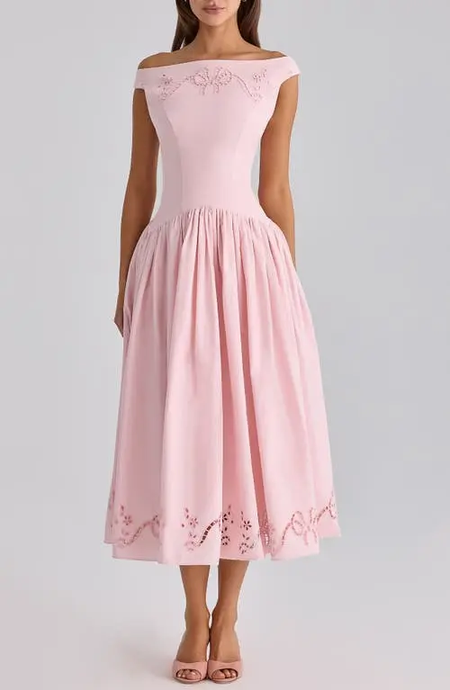 House Of Cb Lauren Off The Shoulder Eyelet Cotton Midi Dress - Pink