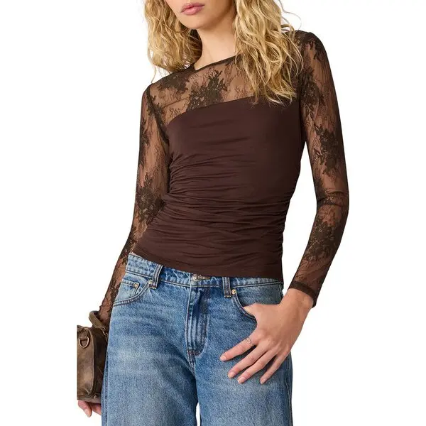 Steve Madden Reese Lace & Ruched Knit Top - Dark Espresso